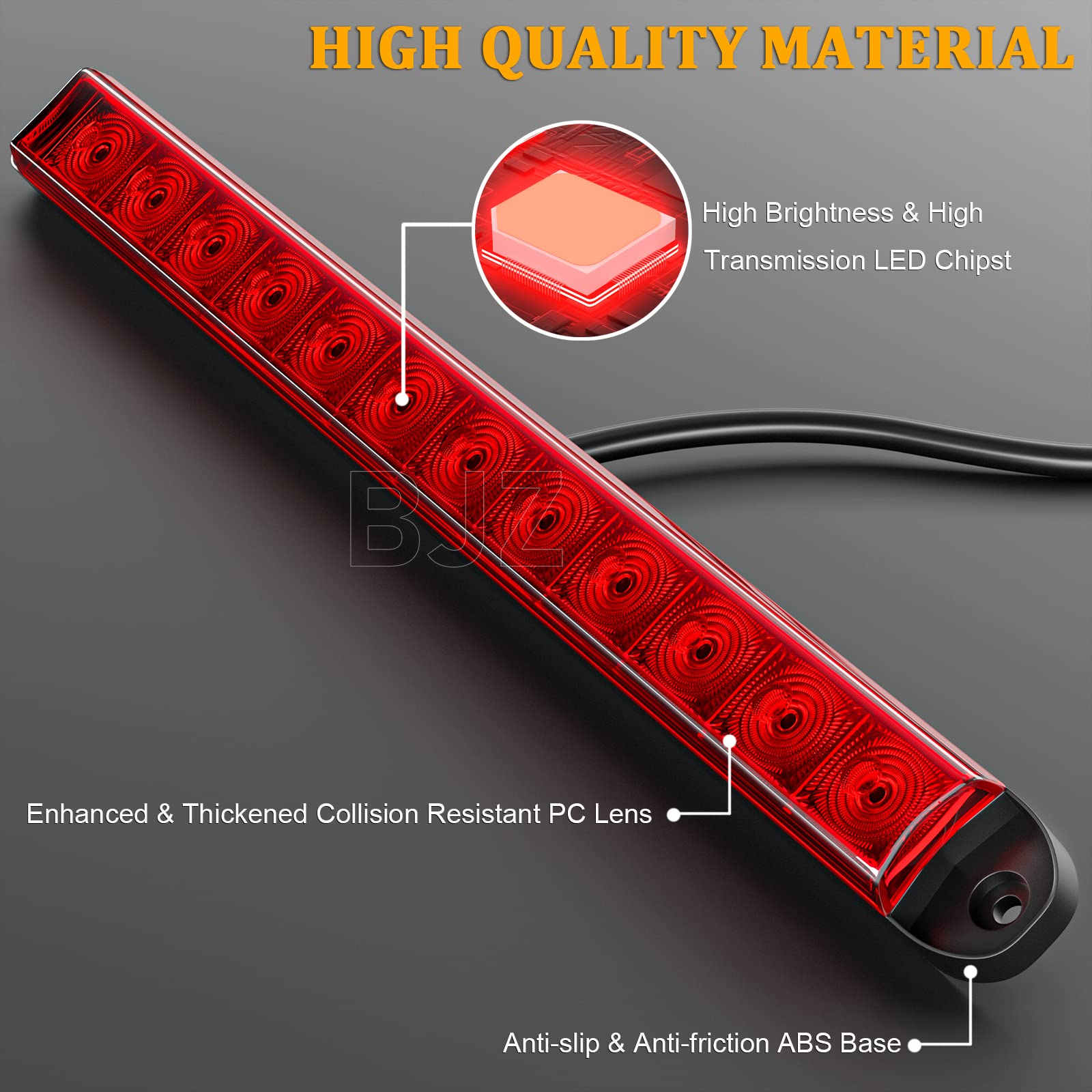 BJZ 16'' Trailer LED Lights Bar Red 12LED Brake Stop ID Left Right Turn Signal Light Tail Marker Rear Identification Light Strip Waterproof Led Lamp for 80'' Truck Trailer Bus Van RV ATV Offroad, 1Pcs