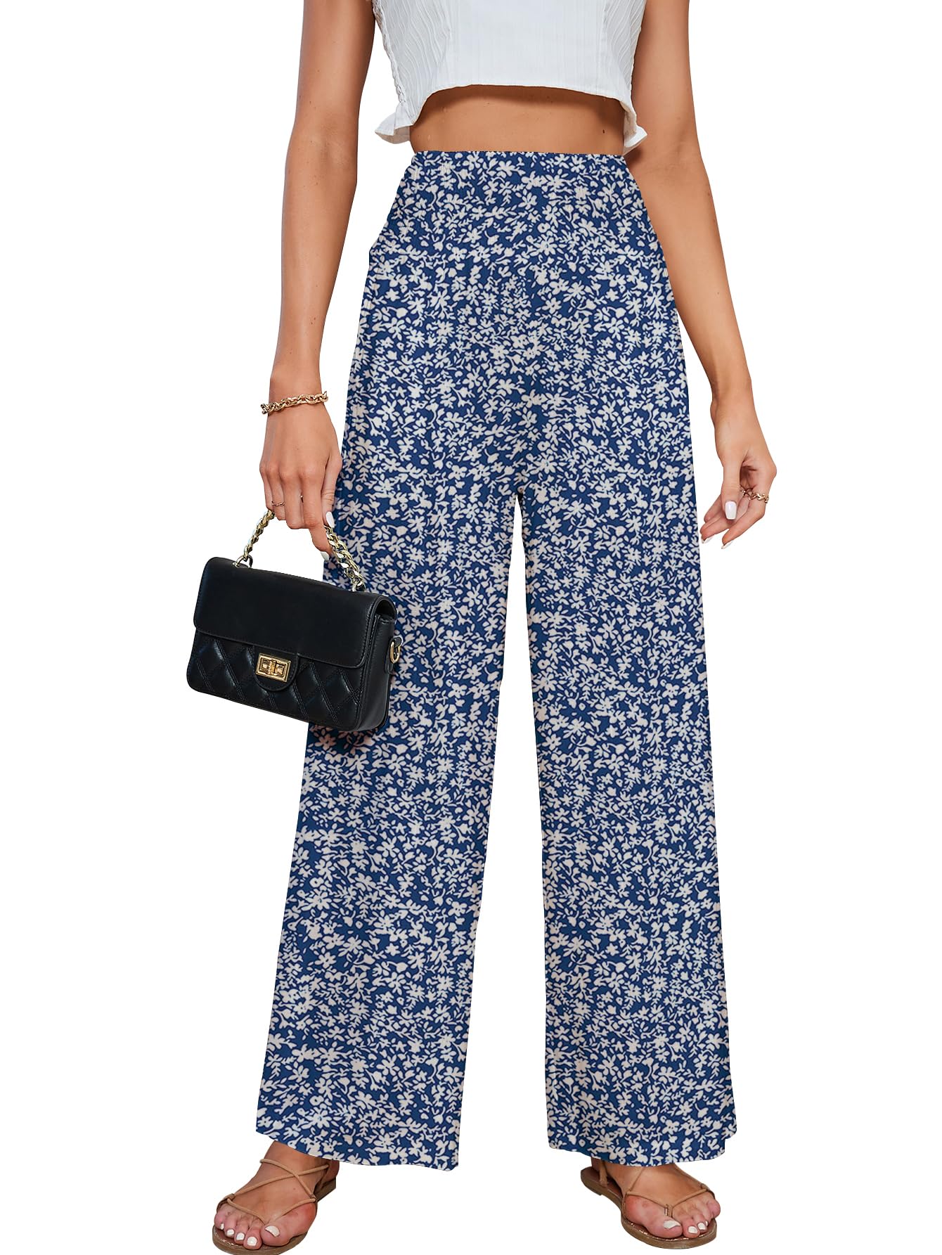 JASPAL Women Casual High Waisted Palazzo Pants Wide Leg Long Lounge Trendy Trousers with Pocket-XL-Blue White Flower
