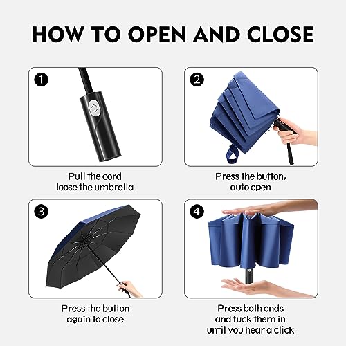 Umbrella Windproof Travel Umbrella,10-Ribs Wind Resistant Folding Umbrella,Lightweight, Compact, Portable, Automatic Umbrella,Anti-UV, Sun&Rain, Waterproof Umbrella,Backpack, Navy Blue, 42 Inch