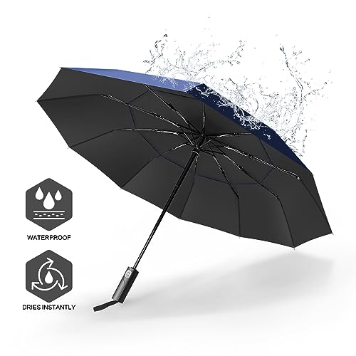 Umbrella Windproof Travel Umbrella,10-Ribs Wind Resistant Folding Umbrella,Lightweight, Compact, Portable, Automatic Umbrella,Anti-UV, Sun&Rain, Waterproof Umbrella,Backpack, Navy Blue, 42 Inch