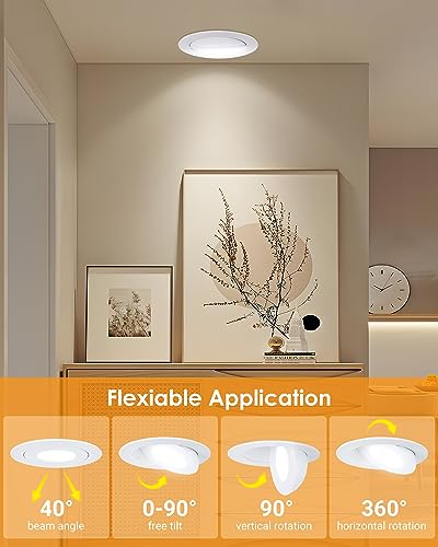 POPANU 4inch Gimbal LED Recessed Light Recessed LED 4 inch White Swivel Gimbal Canless Light 360° Rotation 90° Tilt 4" 9W Eyeball Lighting Dimmable Adjustable Can Spotlights 5CCT White 4 inch 6 Pack