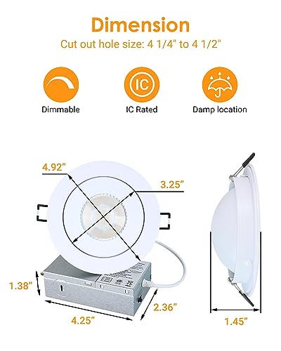 POPANU 4inch Gimbal LED Recessed Light Recessed LED 4 inch White Swivel Gimbal Canless Light 360° Rotation 90° Tilt 4" 9W Eyeball Lighting Dimmable Adjustable Can Spotlights 5CCT White 4 inch 6 Pack
