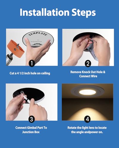 POPANU 4inch Gimbal LED Recessed Light Recessed LED 4 inch White Swivel Gimbal Canless Light 360° Rotation 90° Tilt 4" 9W Eyeball Lighting Dimmable Adjustable Can Spotlights 5CCT White 4 inch 6 Pack