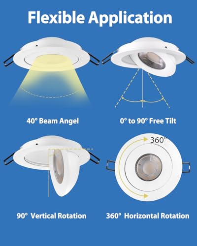 POPANU 4inch Gimbal LED Recessed Light Recessed LED 4 inch White Swivel Gimbal Canless Light 360° Rotation 90° Tilt 4" 9W Eyeball Lighting Dimmable Adjustable Can Spotlights 5CCT White 4 inch 6 Pack