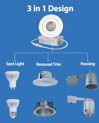 POPANU 4inch Gimbal LED Recessed Light Recessed LED 4 inch White Swivel Gimbal Canless Light 360° Rotation 90° Tilt 4" 9W Eyeball Lighting Dimmable Adjustable Can Spotlights 5CCT White 4 inch 6 Pack
