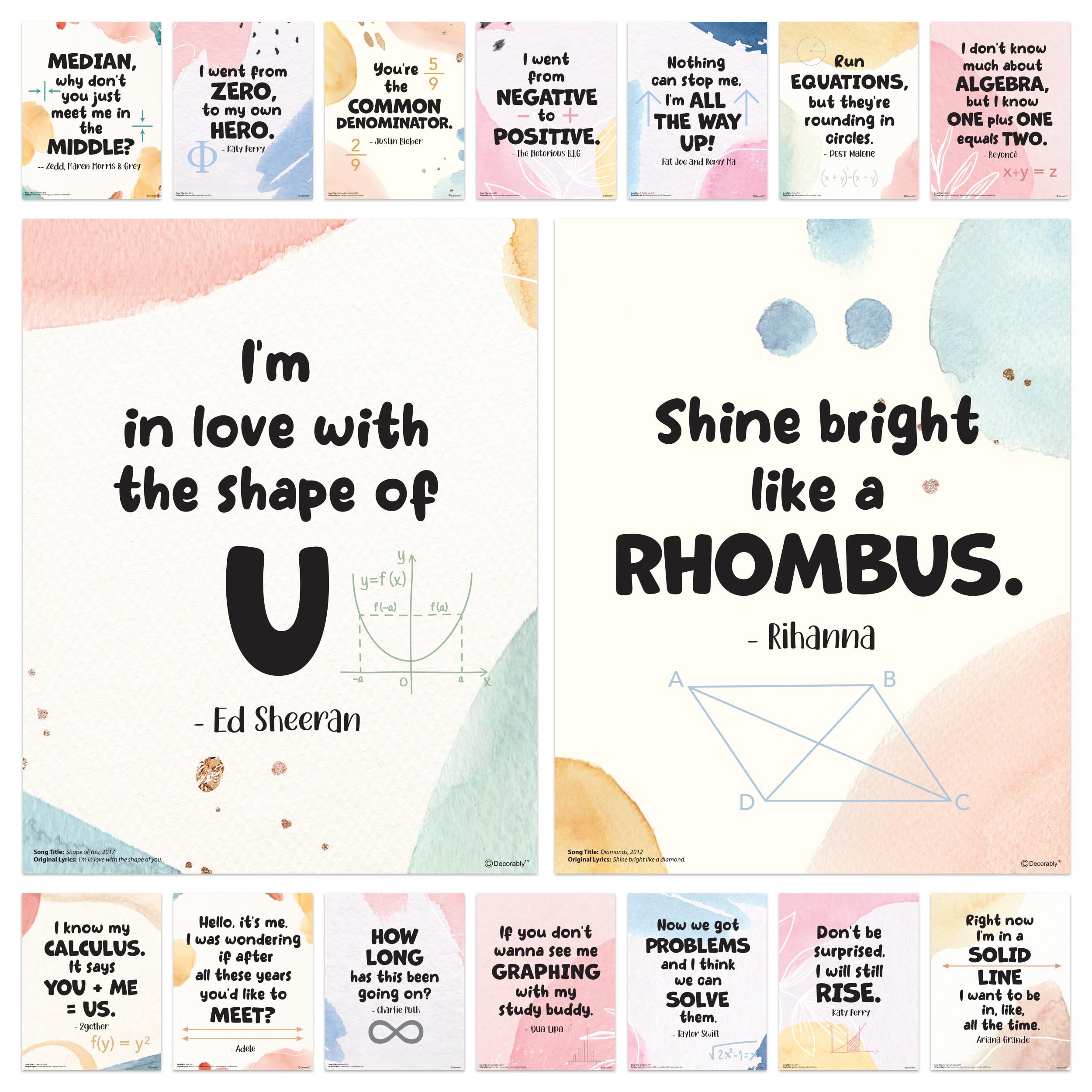 Decorably 16 Math Posters for Middle School, 11x14in Matte-Laminated Educational High School Math Classroom Decor