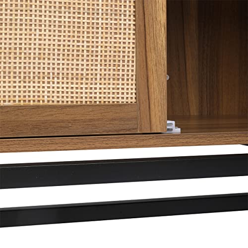 LKTART Mid-Century Natural Rattan Buffet Sideboard Storage Cabinet with 2 Doors 1 Adjustable Inner Shelf Storage Cabinet Console Table for Dining Room Bedroom Kitchen Hallway