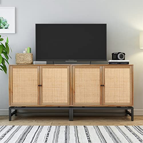 LKTART Mid-Century Natural Rattan Buffet Sideboard Storage Cabinet with 2 Doors 1 Adjustable Inner Shelf Storage Cabinet Console Table for Dining Room Bedroom Kitchen Hallway