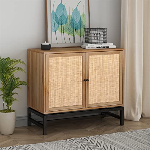 LKTART Mid-Century Natural Rattan Buffet Sideboard Storage Cabinet with 2 Doors 1 Adjustable Inner Shelf Storage Cabinet Console Table for Dining Room Bedroom Kitchen Hallway