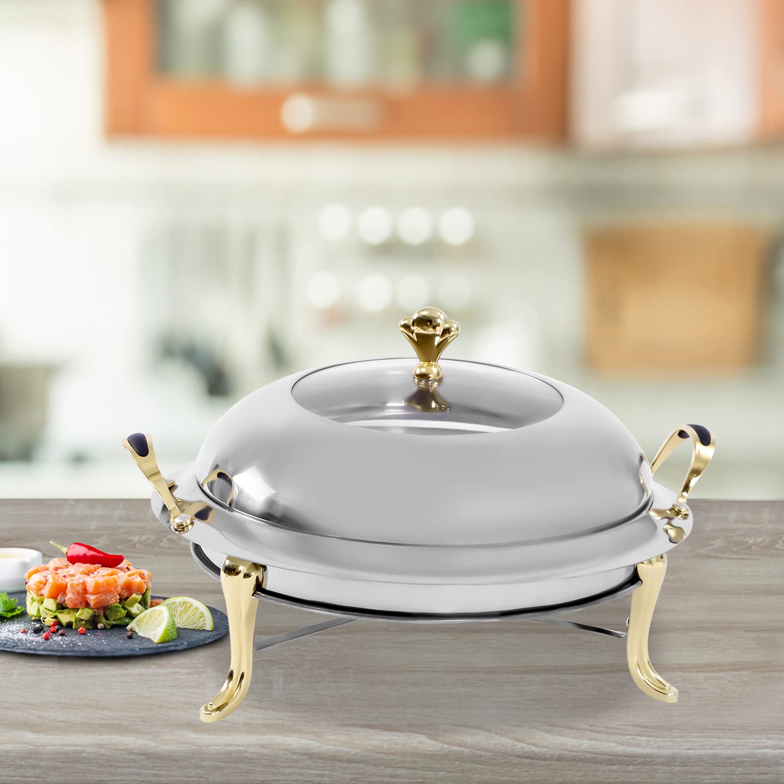 Fetcoi Round Chafing Dish, 3.17QT Stainless Steel Buffet Warmer Tray with Lid and Chafing Fuel Holder for Kitchen Party Dining Buffet Catering Event Parties (Gold)