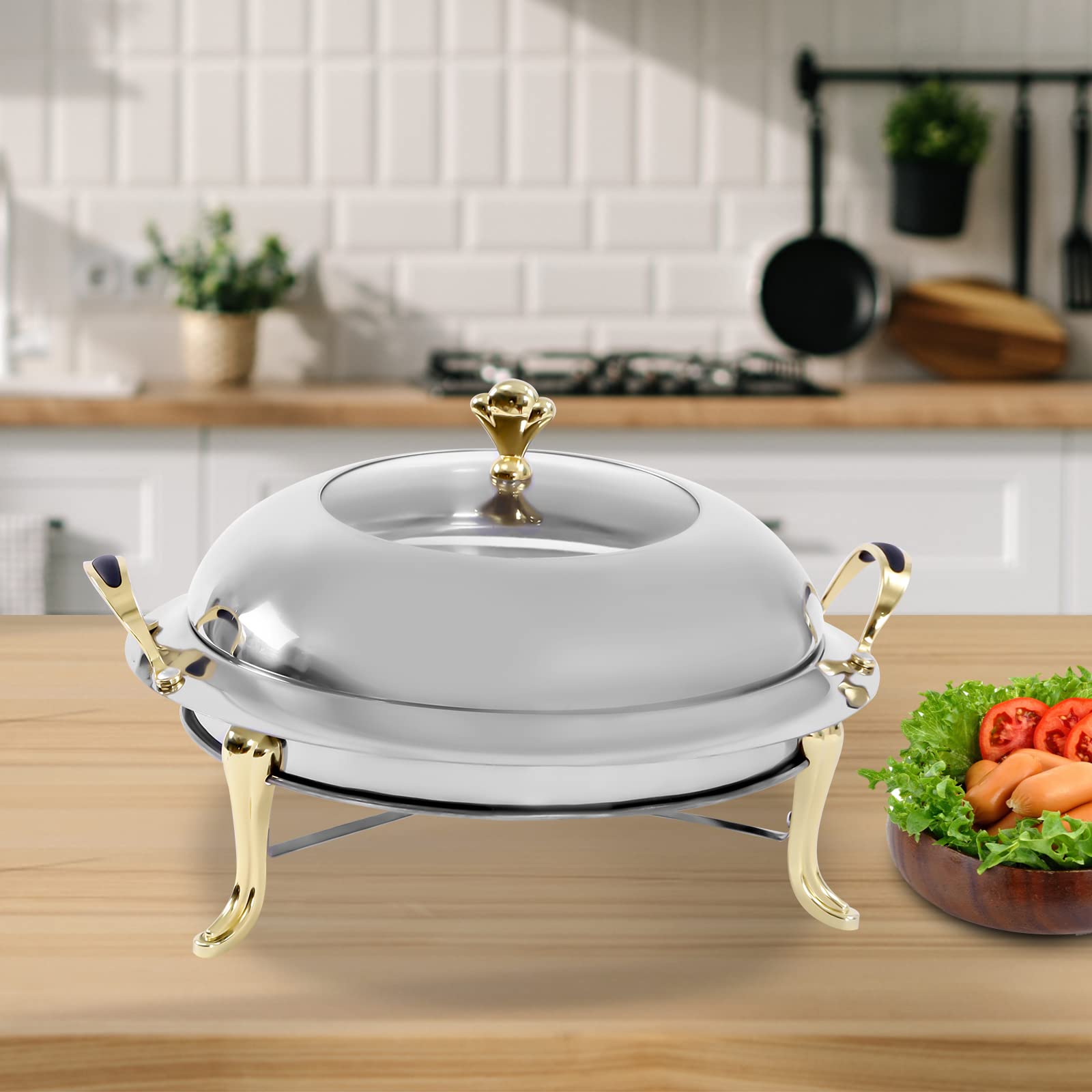 Fetcoi Round Chafing Dish, 3.17QT Stainless Steel Buffet Warmer Tray with Lid and Chafing Fuel Holder for Kitchen Party Dining Buffet Catering Event Parties (Gold)
