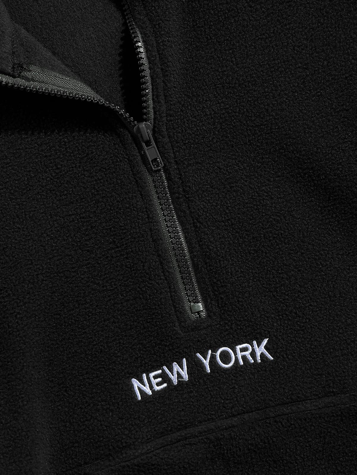ZAFUL Men's Fluffy Polar Fleece Sweatshirt NEW YORK Embroidery Colorblock Half Zip Unisex Hoodie Black M