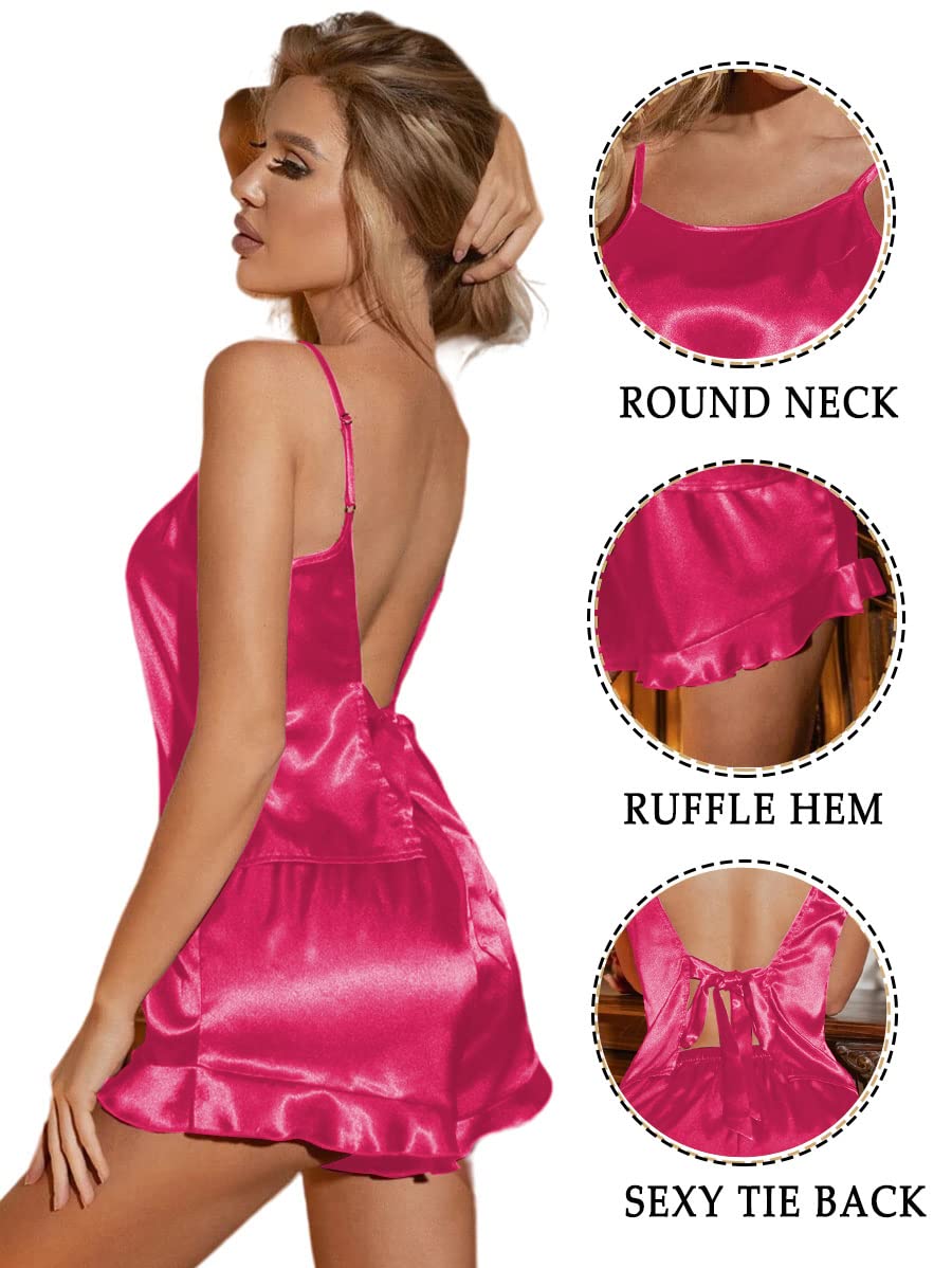 Ekouaer Silk Pajamas Set Women Satin Camisole Backless Sleepwear 2 Piece Pjs Cami Top and Shorts Nightwear Rose