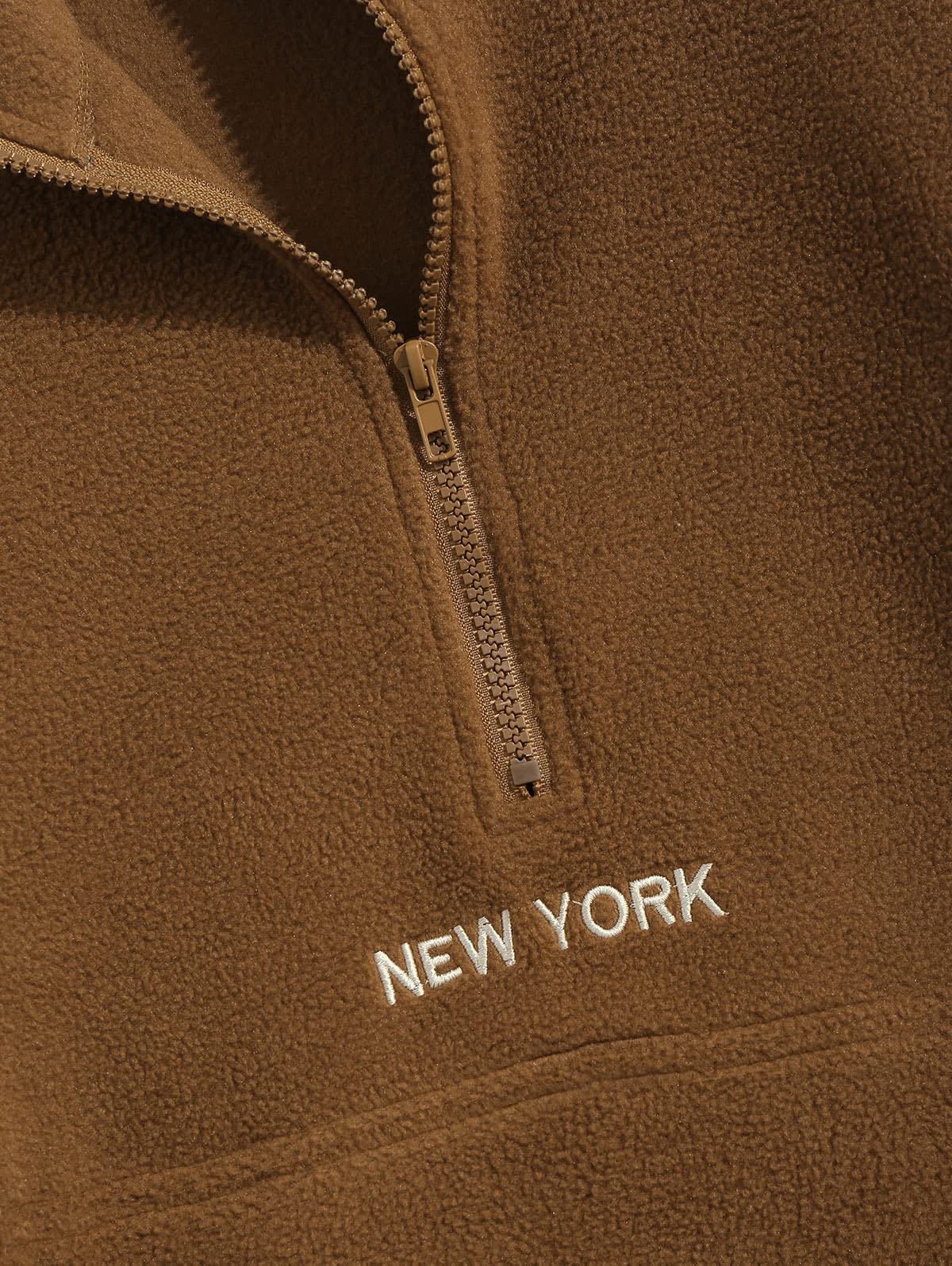 ZAFUL Men's Fluffy Polar Fleece Sweatshirt NEW YORK Embroidery Colorblock Half Zip Unisex Hoodie Coffee M