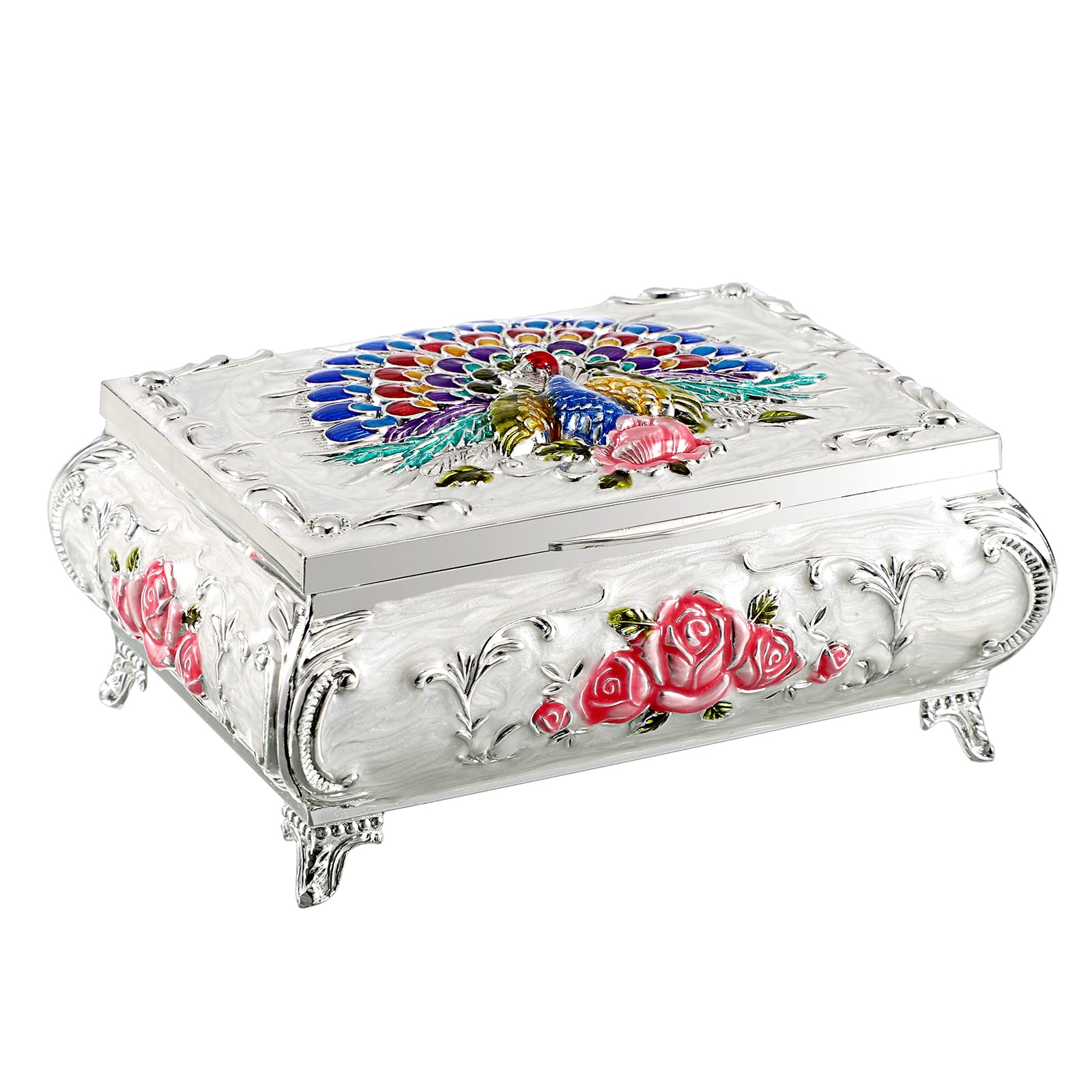Hipiwe Vintage Metal Jewelry Box with Engraved Peacock Small Trinket Organizer Rectangular Treasure Chest Case Necklace Earrings Storage Box Ring Holder Keepsake Box Gift for Women Girls