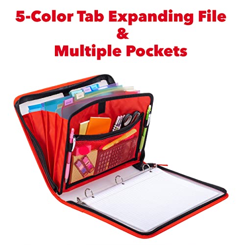Case-it Transulcent Slim Go Tab Zipper Binder, 1" O-Ring with 5-Color tabs, Expanding File Folder, PS-425-Slim, Red
