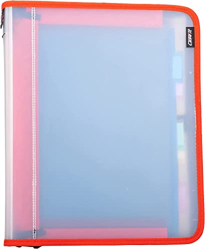 Case-it Transulcent Slim Go Tab Zipper Binder, 1" O-Ring with 5-Color tabs, Expanding File Folder, PS-425-Slim, Red
