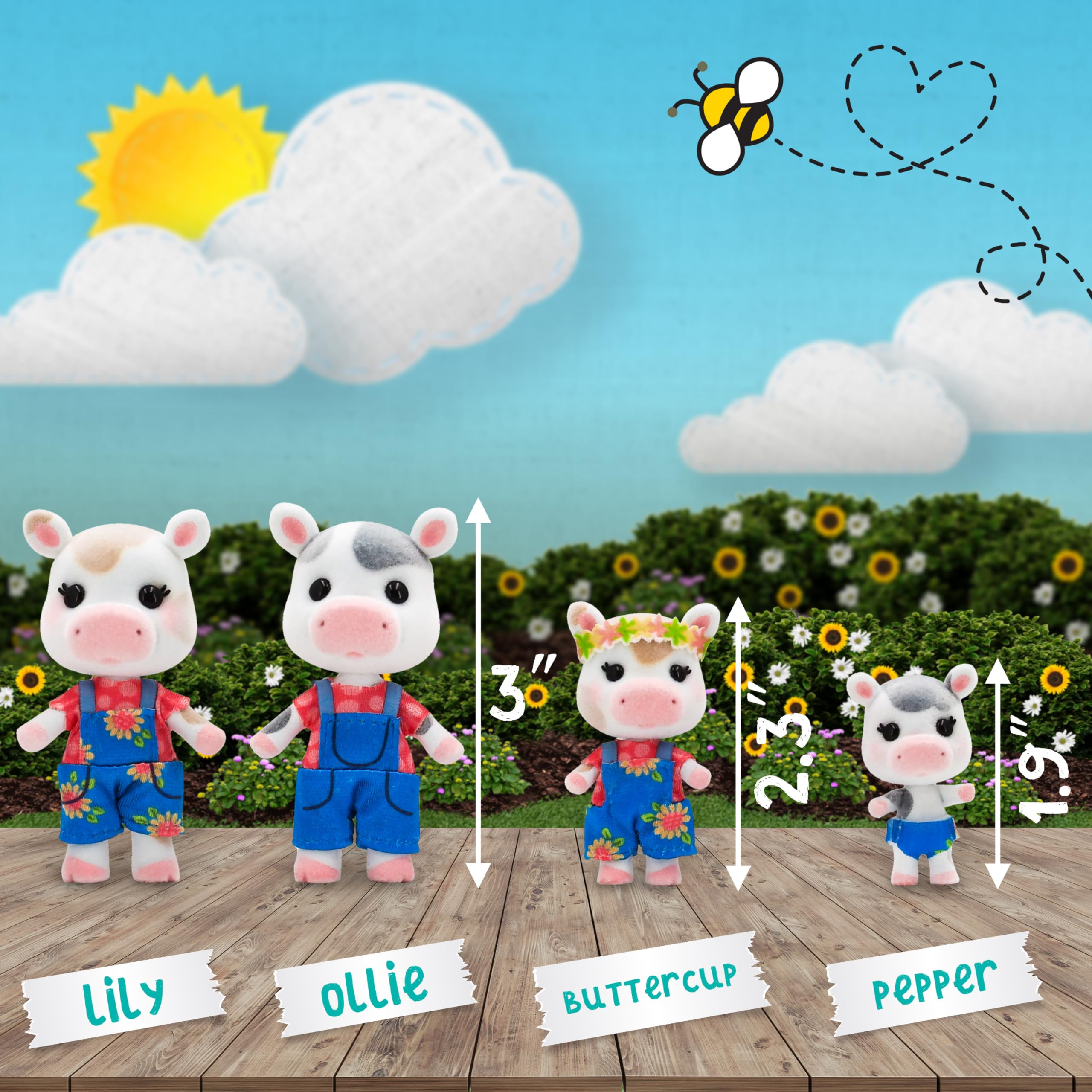 Honey Bee Acres The Cloverberrys Cow Family, 4 Miniature Doll Figures, Small