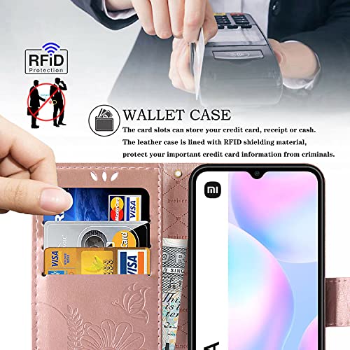 kazineer Leather Wallet Cover Phone Case for Xiaomi Redmi 9A/Xiaomi Redmi 9AT, with RFID Blocking Card Holder Slots (Rose Gold)
