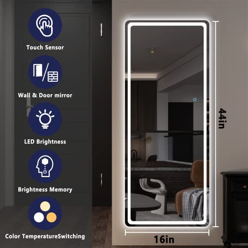 Hasipu LED Door Mirror Full Length, 44.1" x 15.8" Lighted Over The Door Hanging, Full Body Wall Mounted, Light Up Long Dressing, Round Black