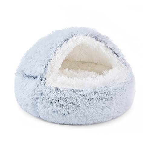 NOYAL Round Hooded Donut Dog Bed for Small & Medium Pets - Plush Fluffy Anti-Anxiety Cat Cave Bed with Cover