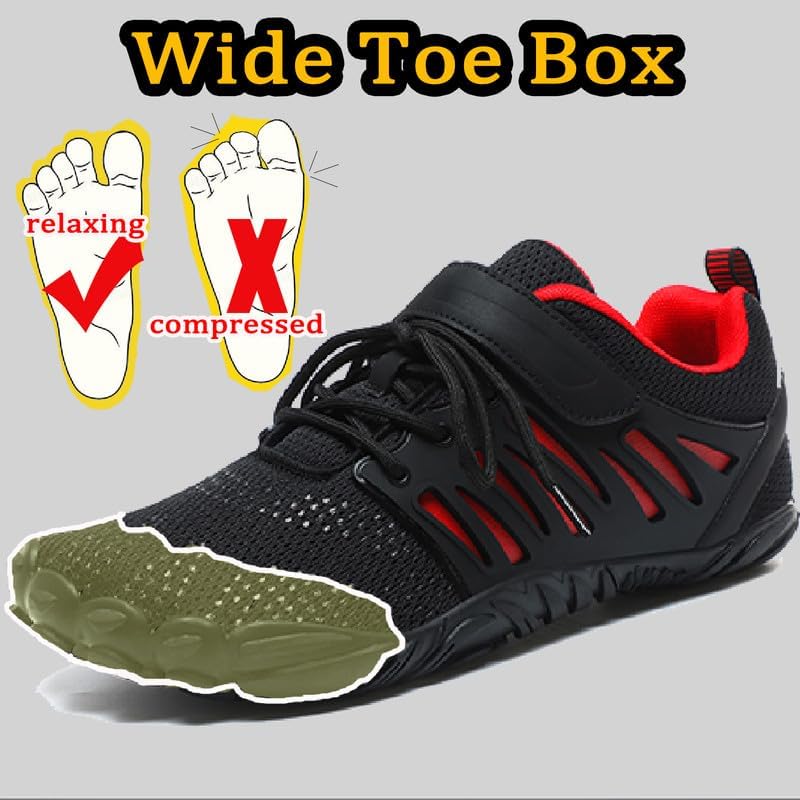MIFAWA Barefoot Shoes Men's Black/Red, Zero Drop, Wide Toe Box, Rubber Sole, Hiking, Size 11