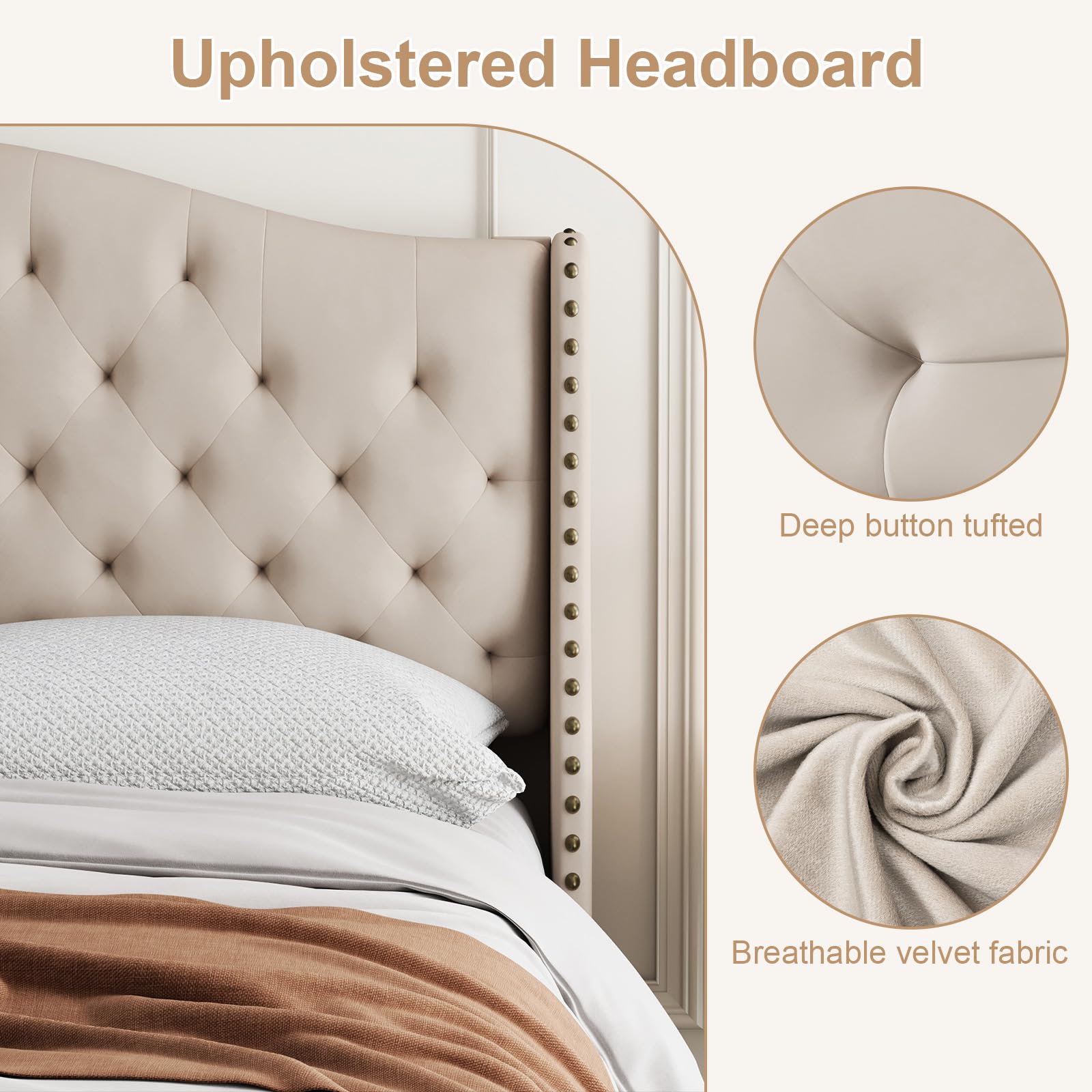 Amyove Tufted Upholstered Platform King Bed Frame with Headboard and Footboard, Velvet Platform Bed Raised Wing Back Headboard (Beige, King)