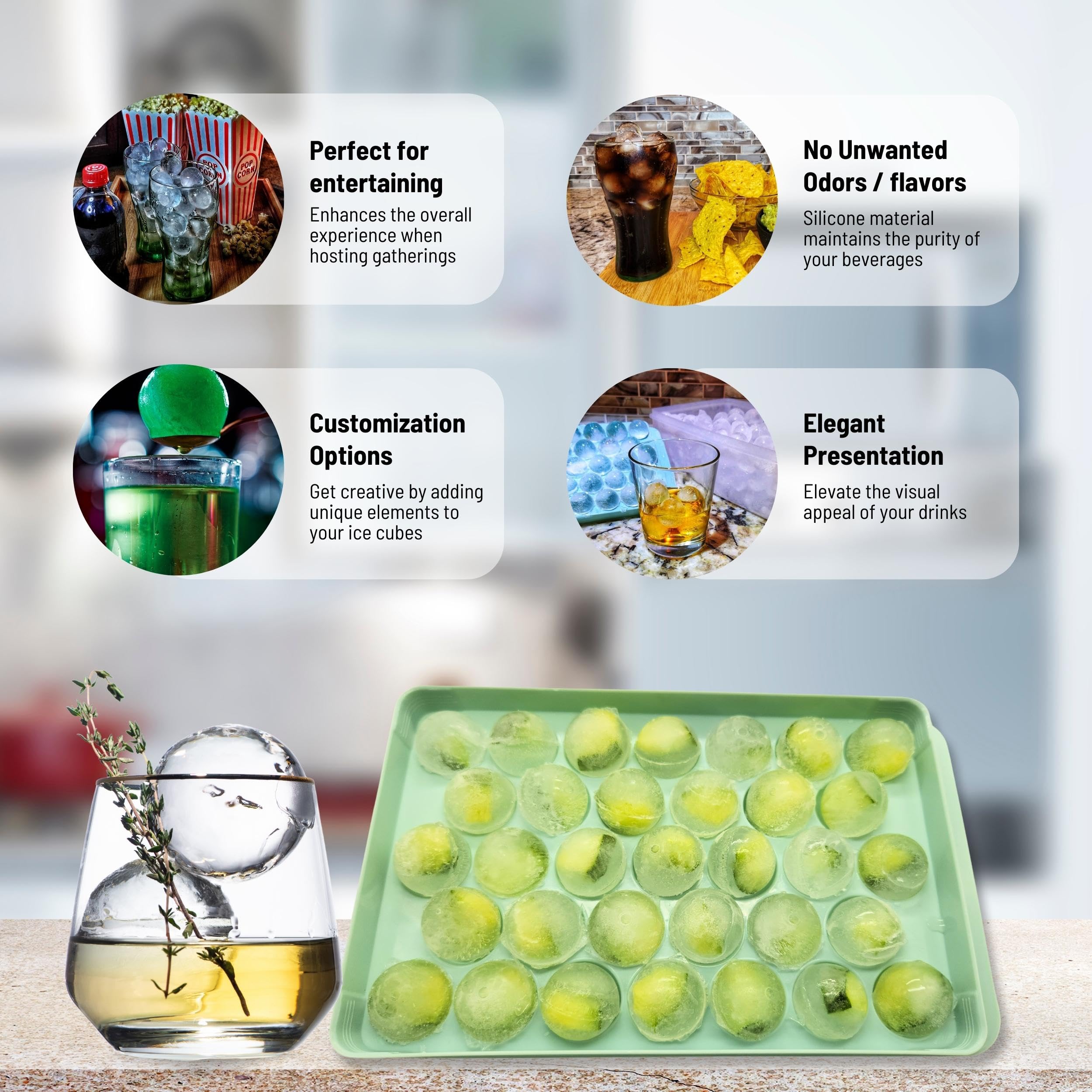 Next Level Home Ice Cube Tray - Ice Tray & Ice Cube Trays for Freezer with Lid and Bin - Sphere Ice Mold - Round Ice Cube Maker - Ice Molds Box