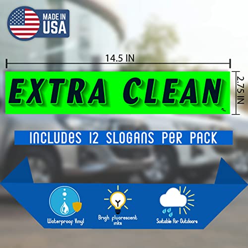 Versa Tags Windshield Slogan Stickers 12 Pack of Extra Clean Stickers 12 Pack of FINANCING Available Slogans 12 Pack of Warranty Window Stickers (36) Dealership Stickers Black On Green