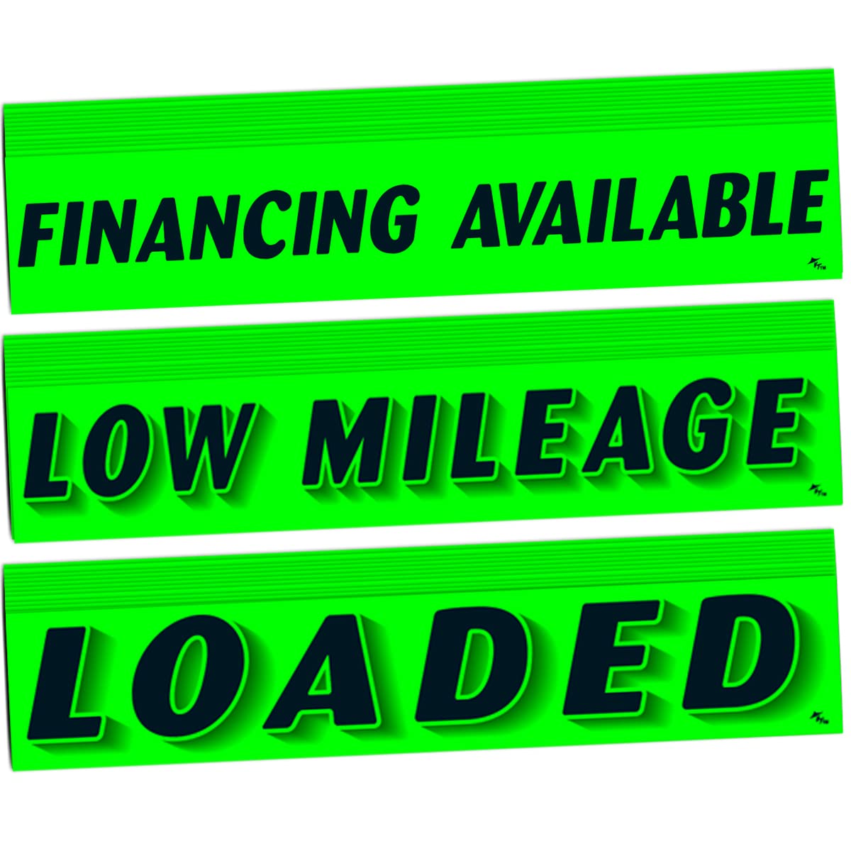 Versa Tags Windshield Slogan Stickers 12 Pack of FINANCING Available Stickers 12 Pack of Low Mileage Slogans 12 Pack of Loaded Window Stickers (36) Dealership Stickers Black On Green