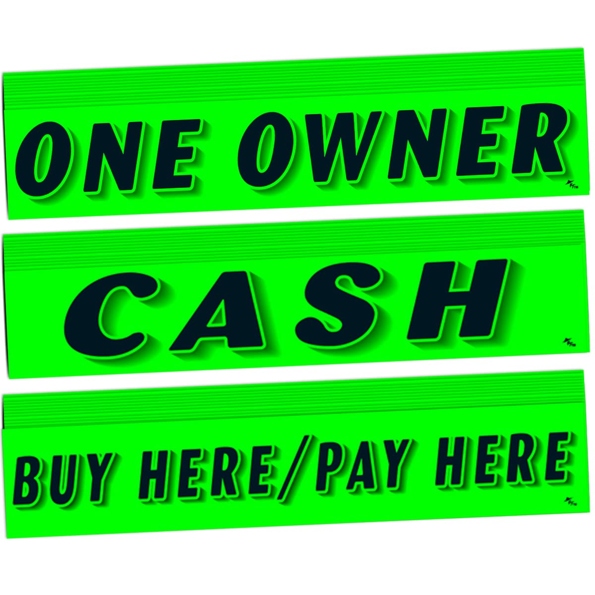 Versa Tags Windshield Slogan Stickers 12 Pack of ONE Owner Stickers 12 Pack of Cash Slogans 12 Pack of Buy HERE Pay HERE Window Stickers (36) Dealership Stickers Black On Green