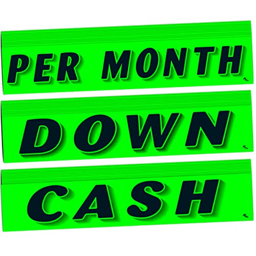 Versa Tags Windshield Slogan Stickers 12 Pack of PER Month Stickers 12 Pack of Down Slogans 12 Pack of Cash Window Stickers (36) Dealership Stickers Black On Green