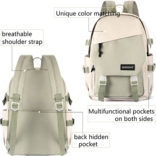 School Backpack Classic Basic Water Resistant Casual Daypack for Travel with Bottle Side Pockets Lightweight Bookbag College High School Bags For Boys Girls Gray Green/White