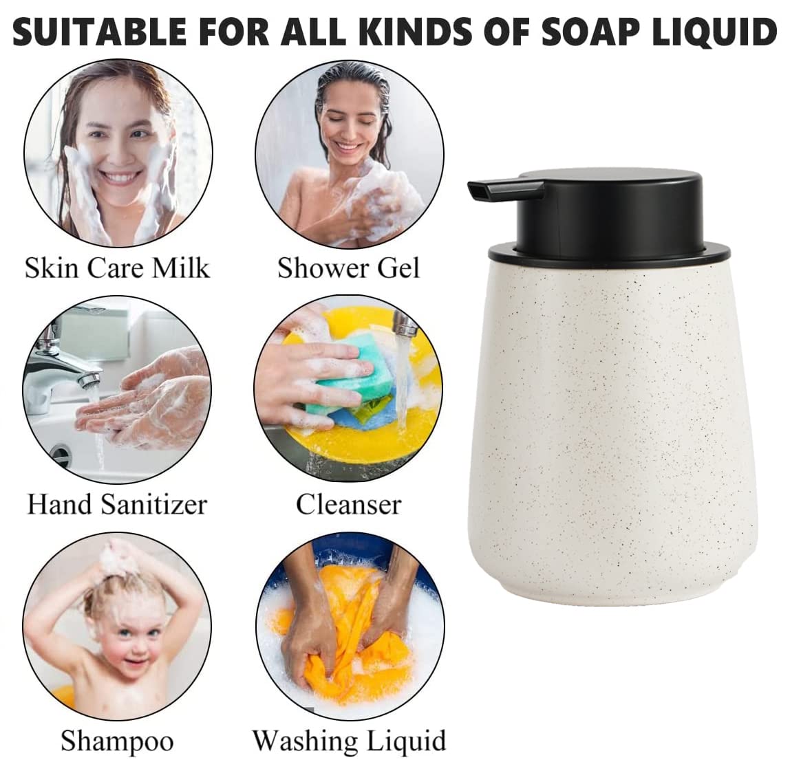 12Oz Foaming Hand Soap Dispenser - Ceramic Bathroom Foam Soap Dispenser with Easy-to-Press Black Pump, Refillable Lotion Hand Soap Dispenser, Dish Soap Dispenser for Kitchen, Speckled Matte Beige