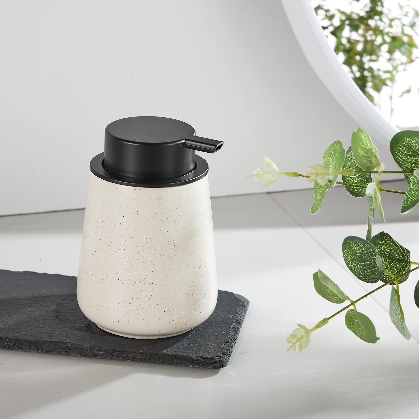 12Oz Foaming Hand Soap Dispenser - Ceramic Bathroom Foam Soap Dispenser with Easy-to-Press Black Pump, Refillable Lotion Hand Soap Dispenser, Dish Soap Dispenser for Kitchen, Speckled Matte Beige