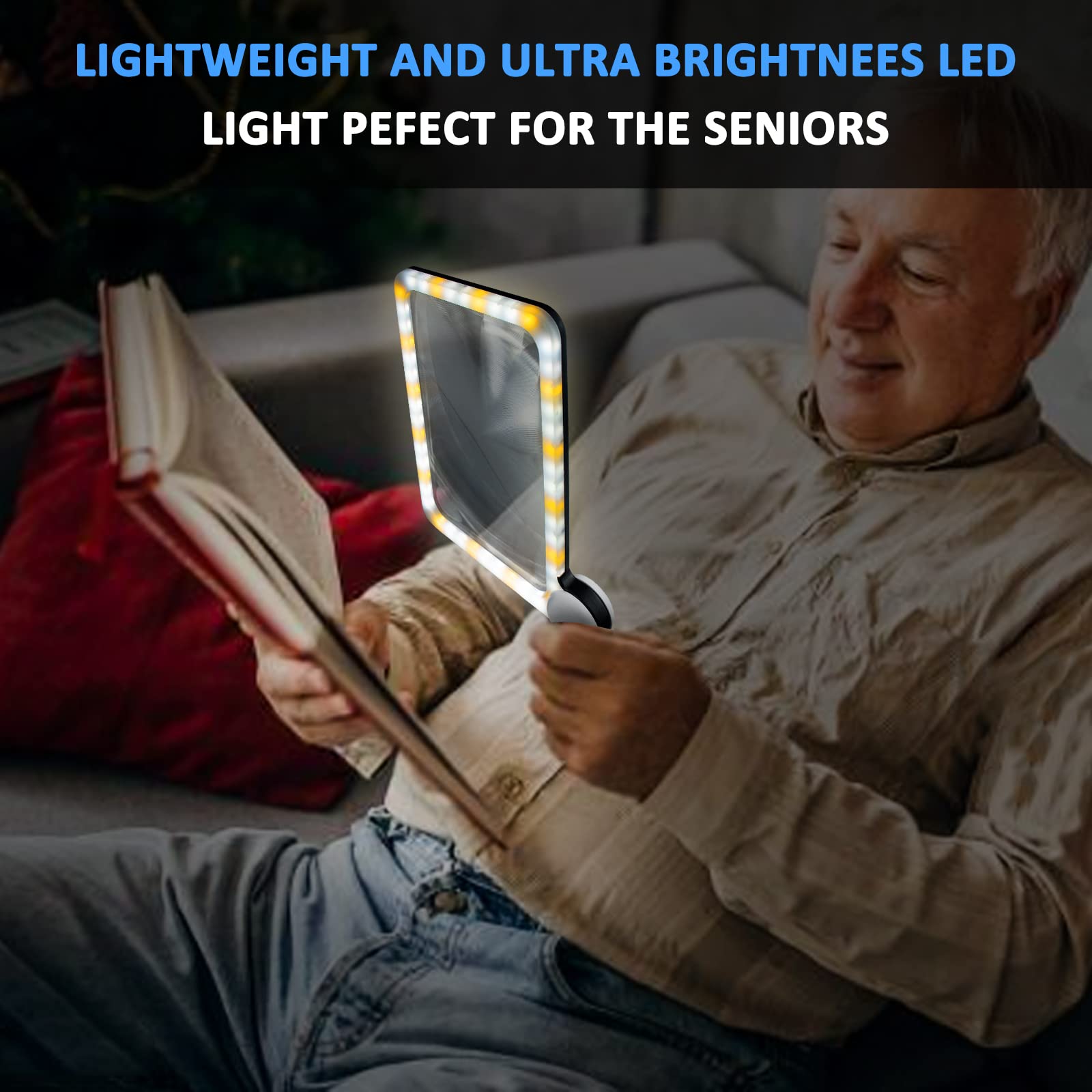 Delixike 5X Large Magnifying Glass with Bright Led,Page Magnifier with 48 Anti-Glare Dimmable LEDs,3 Color Lighting Modeds for Low Vision, Small Print, Aging Eyes and Seniors