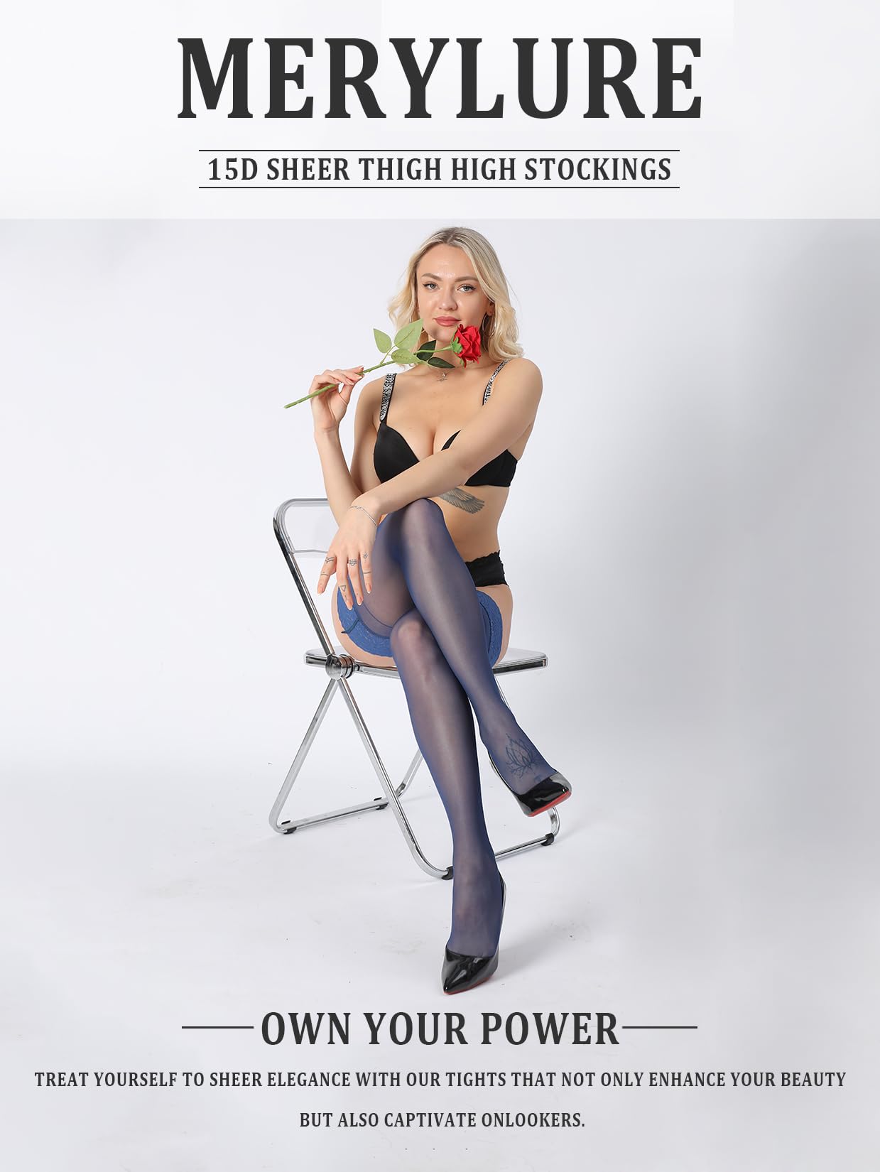 MERYLURE 15D Sheer Thigh High Stockings for Women with Double Silicone Lace Top Valentines Day Pantyhose Stay Up Nylons