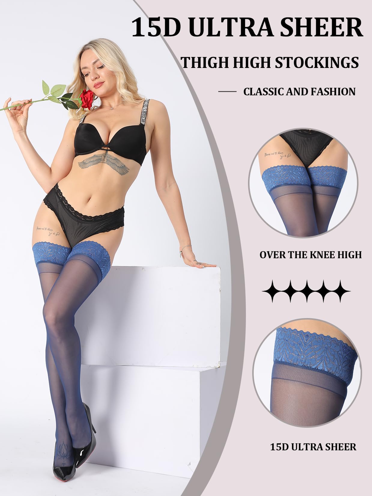MERYLURE 15D Sheer Thigh High Stockings for Women with Double Silicone Lace Top Valentines Day Pantyhose Stay Up Nylons