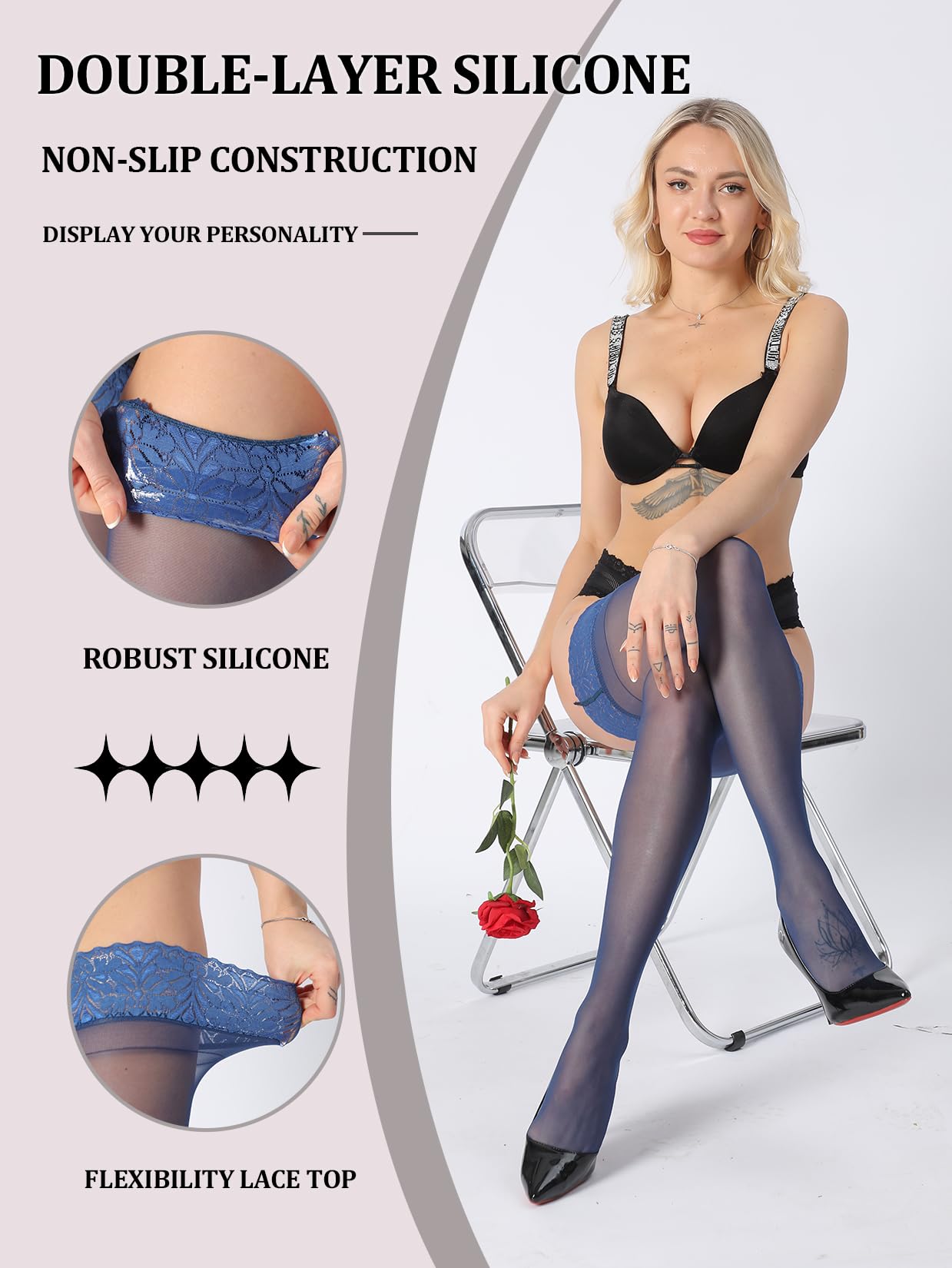 MERYLURE 15D Sheer Thigh High Stockings for Women with Double Silicone Lace Top Valentines Day Pantyhose Stay Up Nylons