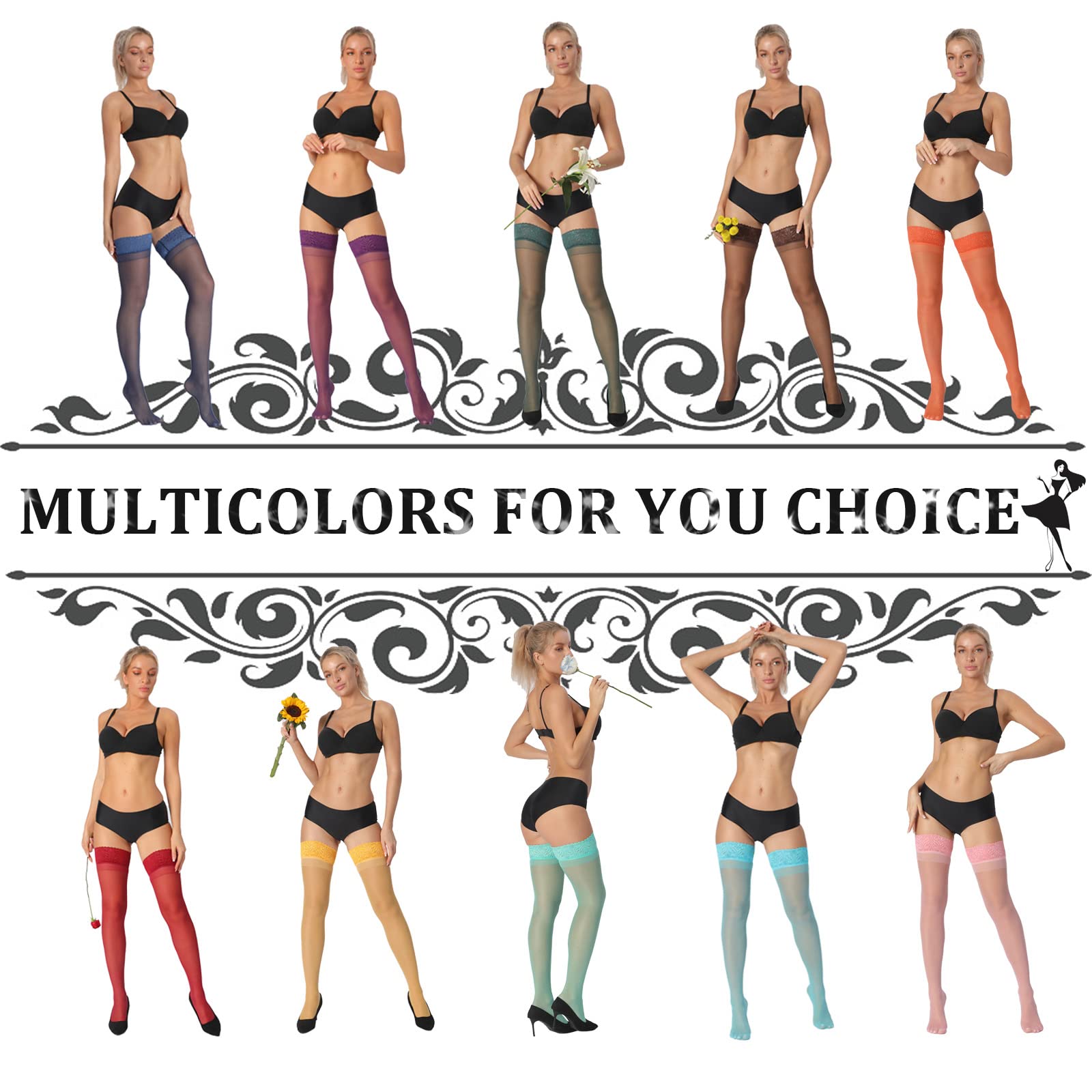 MERYLURE 15D Sheer Thigh High Stockings for Women with Double Silicone Lace Top Valentines Day Pantyhose Stay Up Nylons