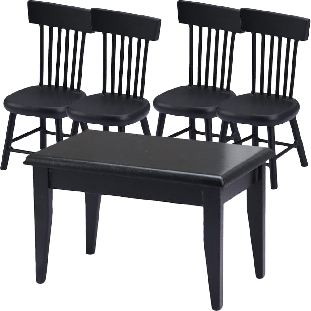 Black Chairs 5Pcs Miniature Table and Chairs, Mini Dining Table Set for 4, Doll House Black Wooden Table Chairs Miniature Furniture and Accessories Furniture
