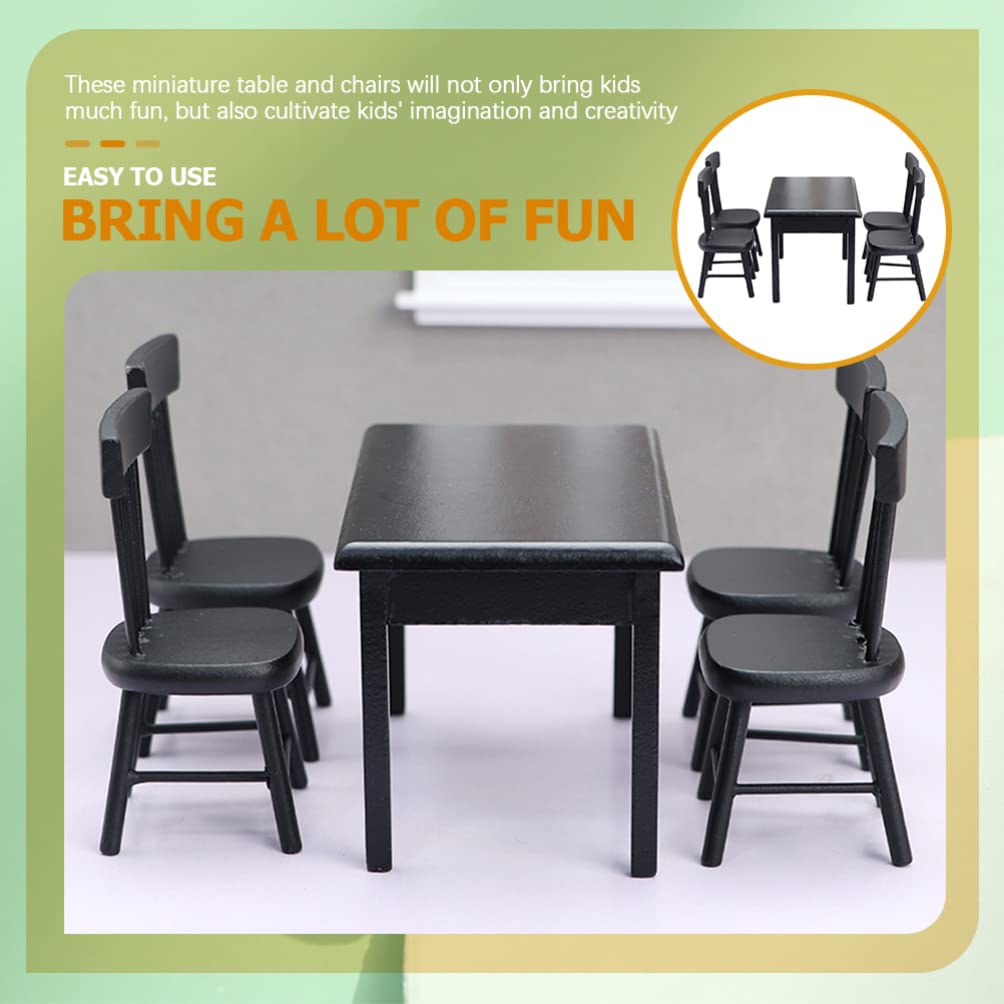 Black Chairs 5Pcs Miniature Table and Chairs, Mini Dining Table Set for 4, Doll House Black Wooden Table Chairs Miniature Furniture and Accessories Furniture