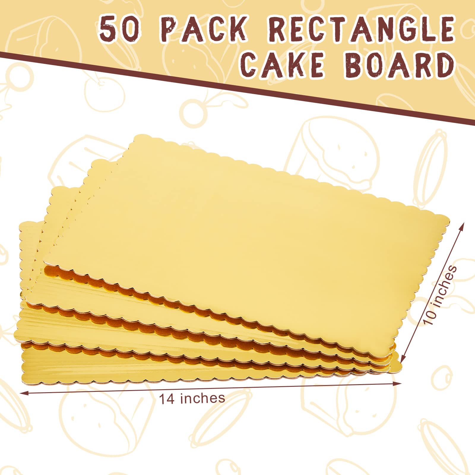 Crtiin 50 Pcs Rectangle Cake Board 14 x 10 Inches Scalloped Cake Boards Dessert Base Quarter Sheet Rectangular Cake Base for Pizza, Pastries Food Trays Greaseproof Pad (Gold)