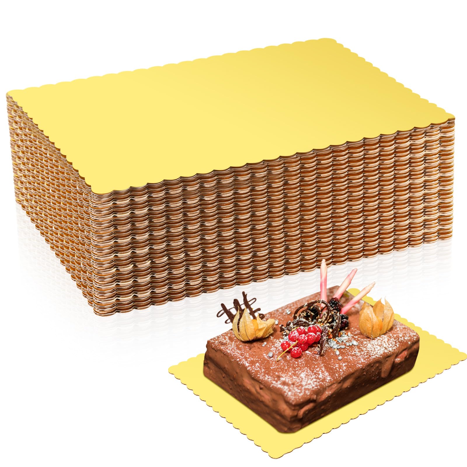 Crtiin 50 Pcs Rectangle Cake Board 14 x 10 Inches Scalloped Cake Boards Dessert Base Quarter Sheet Rectangular Cake Base for Pizza, Pastries Food Trays Greaseproof Pad (Gold)