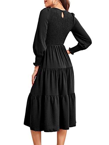BBcoch Long Sleeve Midi Dress: Black Women's Casual Smocked Ruffle Boho Flowy Tiered Dresses
