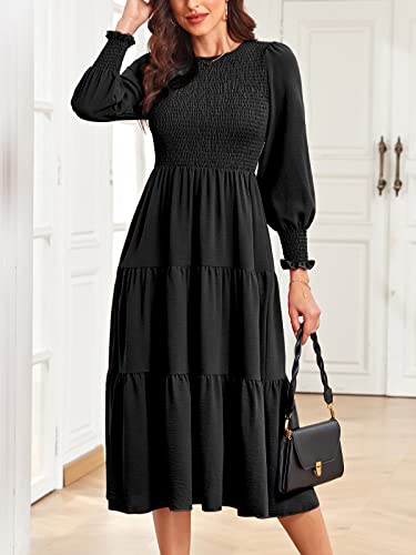 BBcoch Long Sleeve Midi Dress: Black Women's Casual Smocked Ruffle Boho Flowy Tiered Dresses