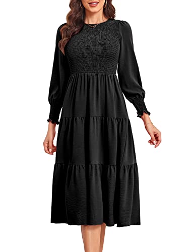 BBcoch Long Sleeve Midi Dress: Black Women's Casual Smocked Ruffle Boho Flowy Tiered Dresses