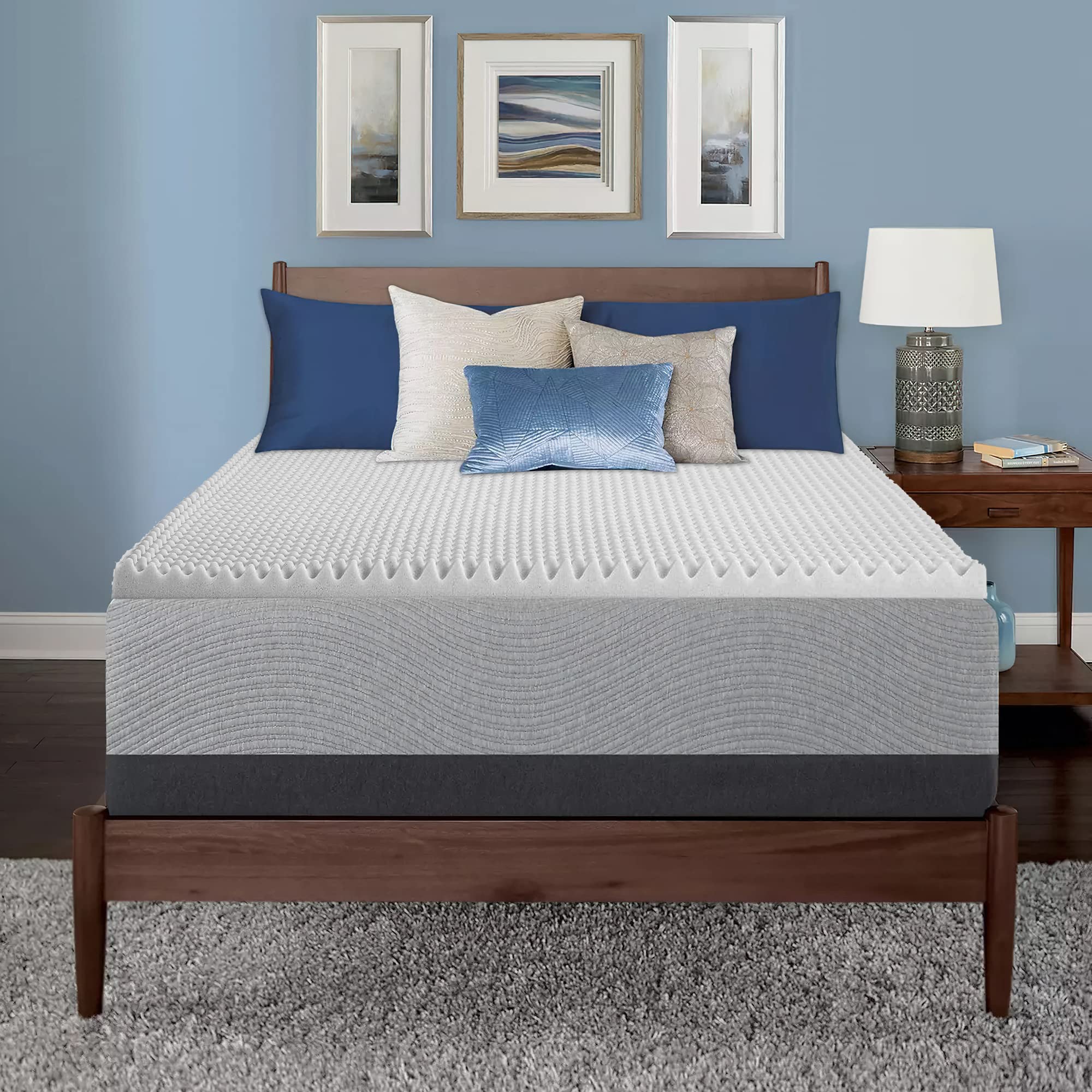 Zayton 2-inch Convoluted Foam Mattress Topper with Egg Shell Design, Breathable, Soft, and Comfortable Bed Toppers for Back Pain, Orthopedic Support for Better Sleep, Queen, White