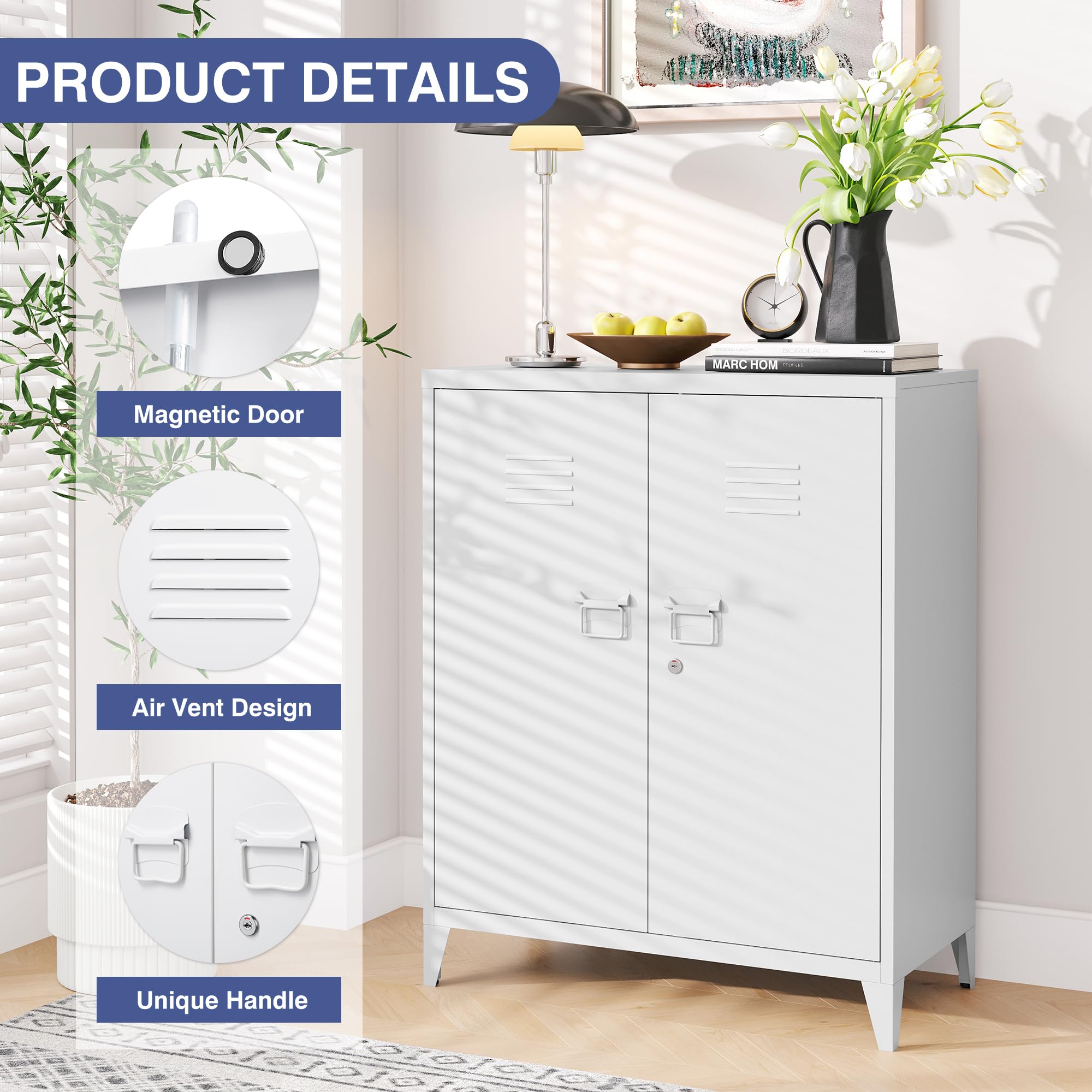 LISSIMO Metal Storage Cabinet,Home Office Cabinet with Doors and Adjustable Shelves,Locking Cabinet with Adjustabl Leg Levelers Assembly Required(White)