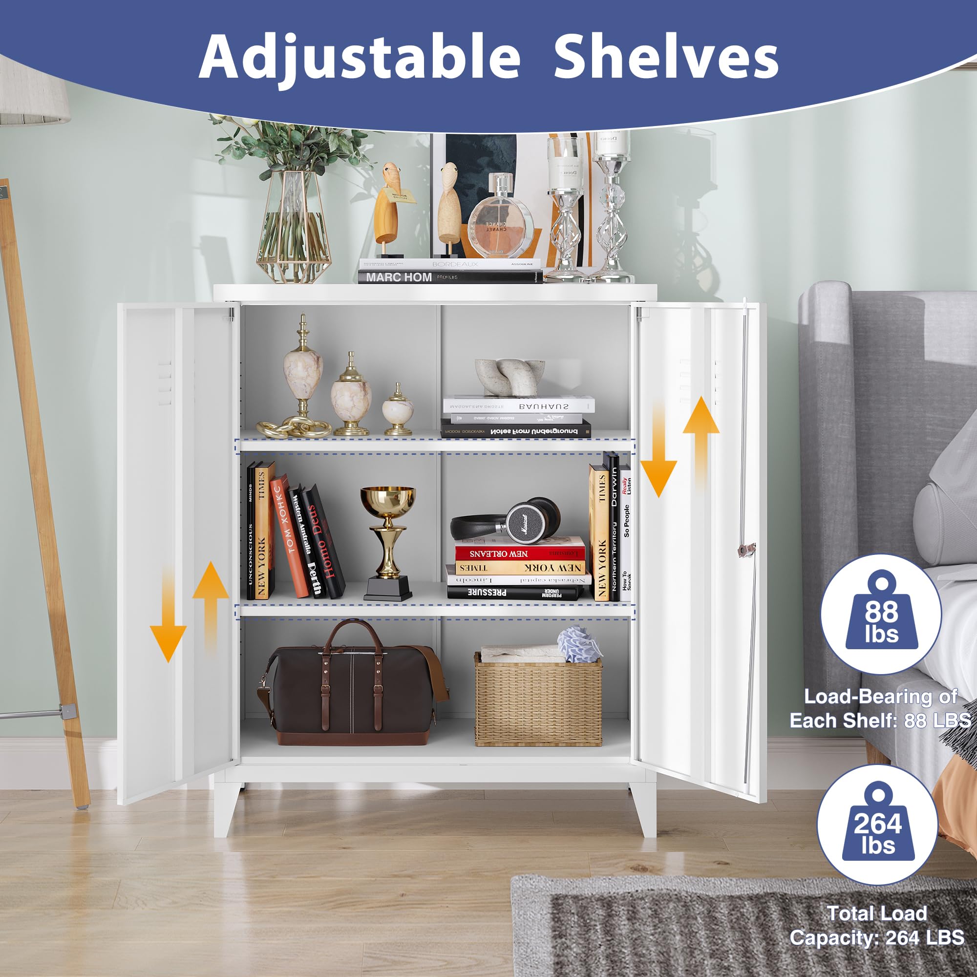 LISSIMO Metal Storage Cabinet,Home Office Cabinet with Doors and Adjustable Shelves,Locking Cabinet with Adjustabl Leg Levelers Assembly Required(White)